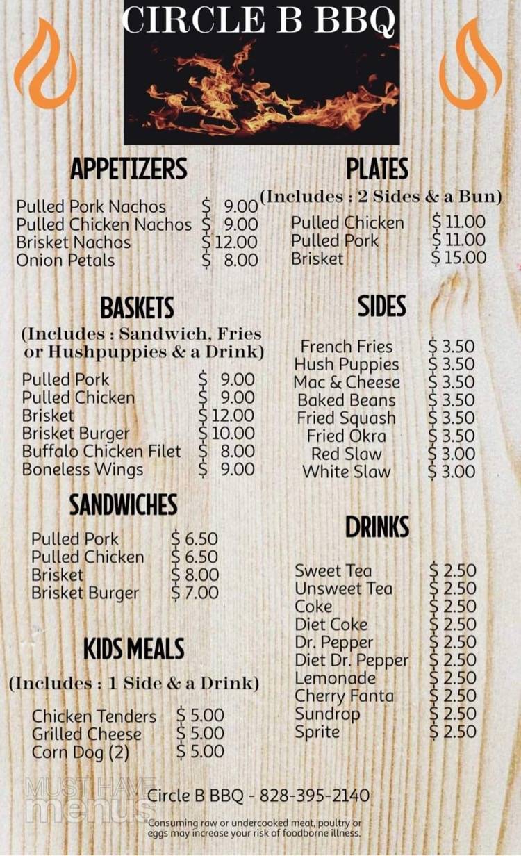 Menu at Circle B BBQ, Spindale