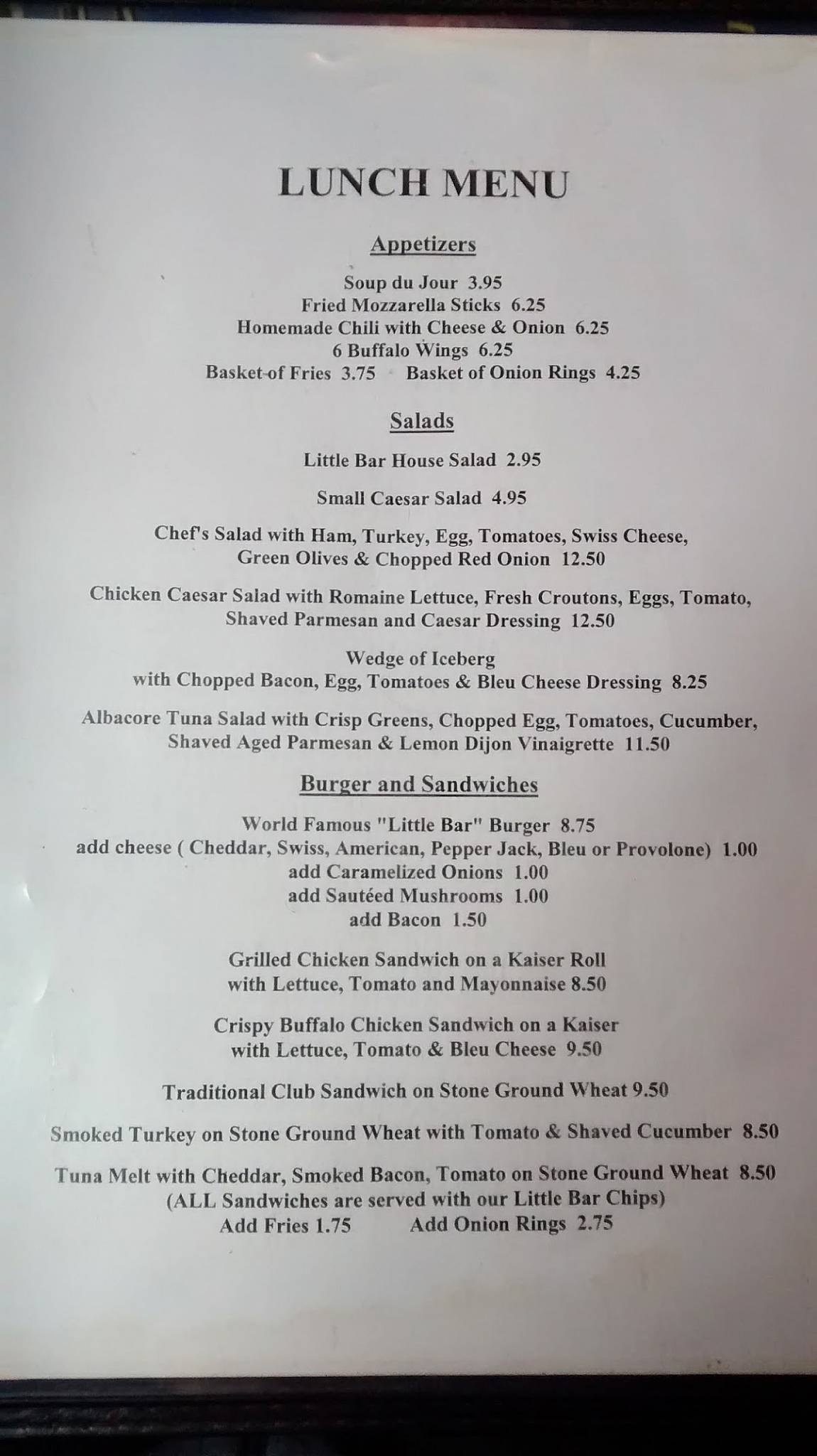 Menu at Johnny's Little Bar, Cleveland