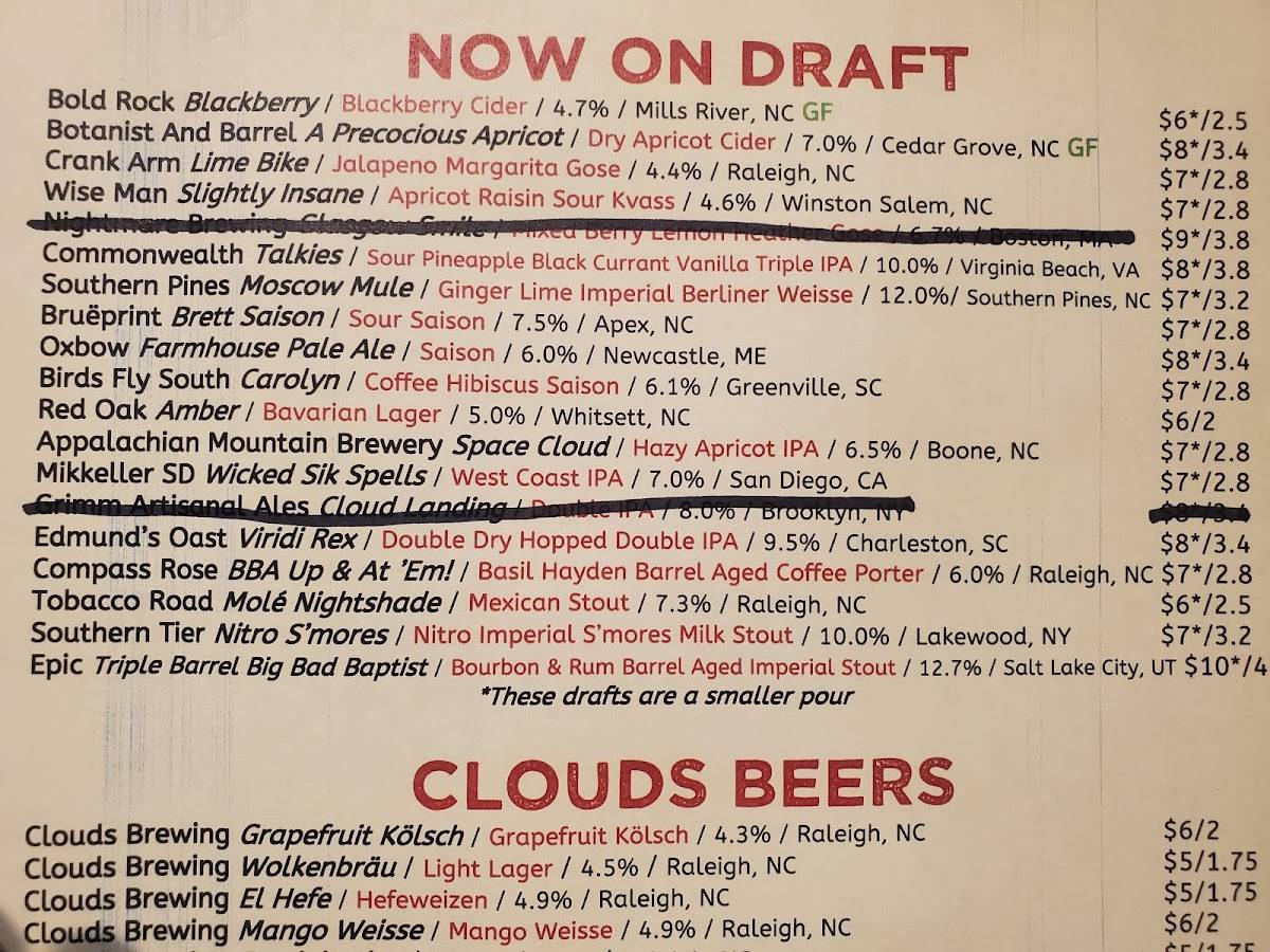 Menu at Clouds Brewing Raleigh pub & bar, Raleigh, 126 N West St