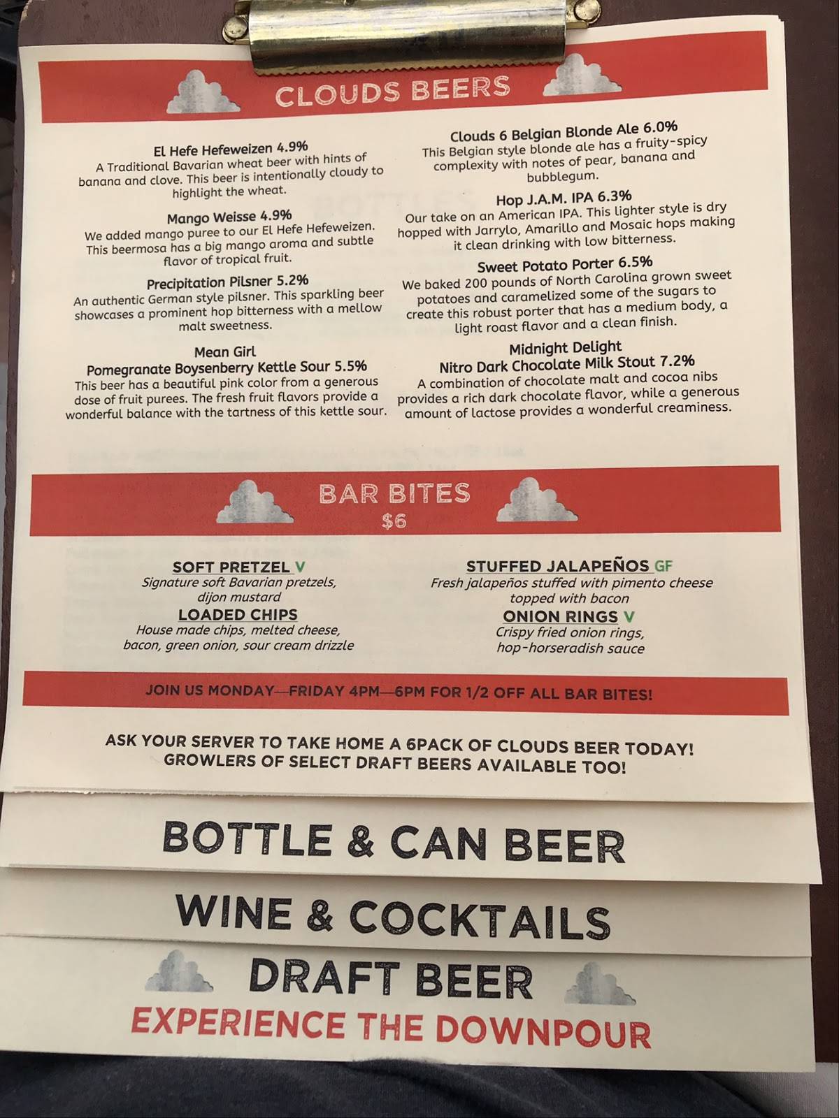Menu at Clouds Brewing Raleigh pub & bar, Raleigh, 126 N West St