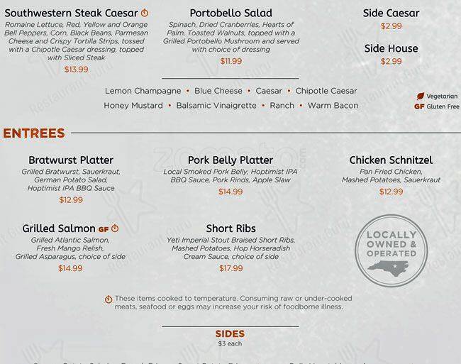 Menu at Clouds Brewing Raleigh pub & bar, Raleigh, 126 N West St