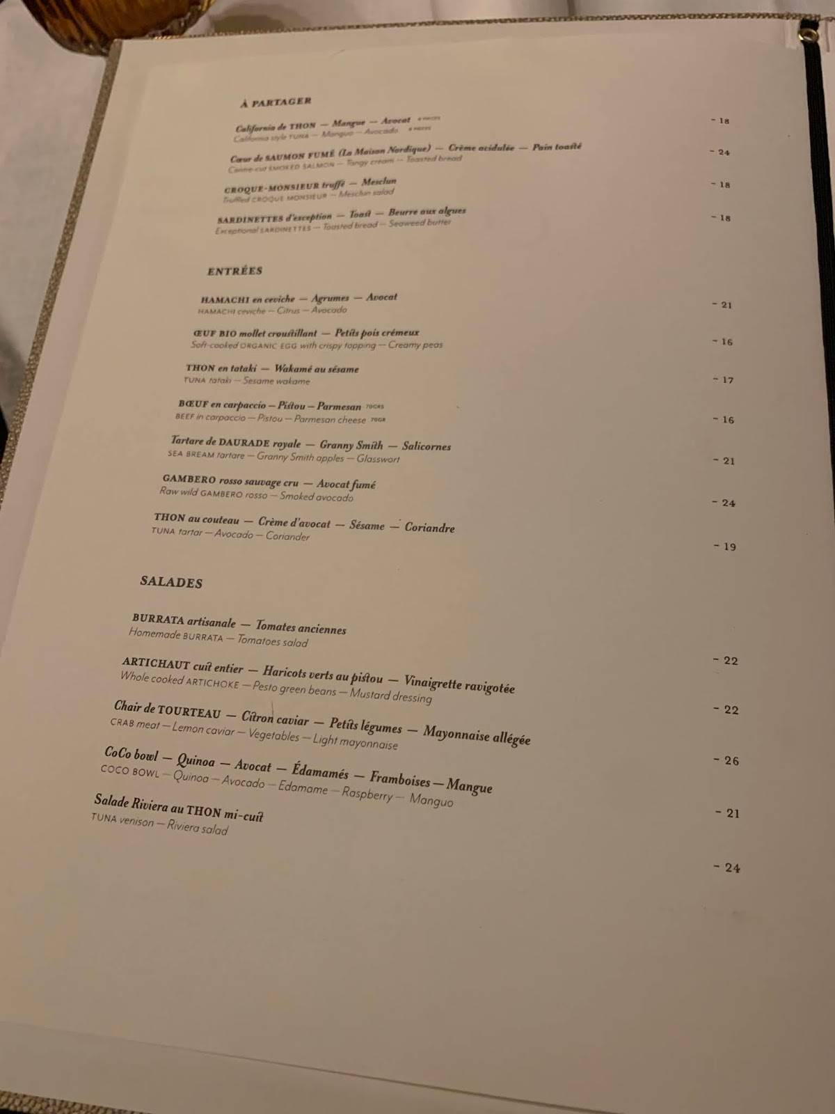 Menu at CoCo restaurant, Paris, Palais Garnier