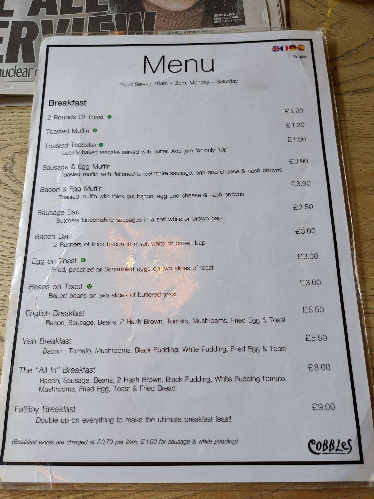 Menu at Cobbles Bar, Louth