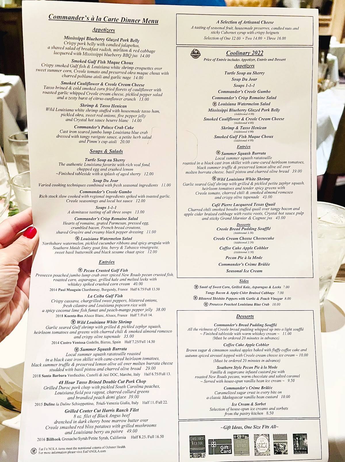 Menu at Commander's Palace pub & bar, New Orleans