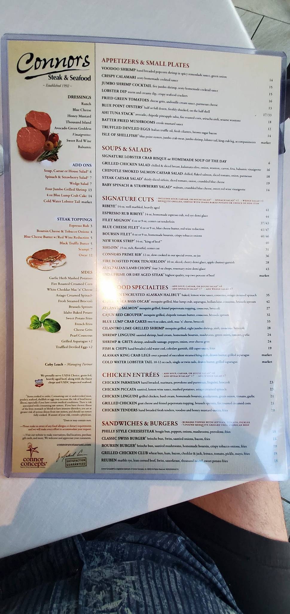 Menu at Connors Steak & Seafood steakhouse, Sarasota