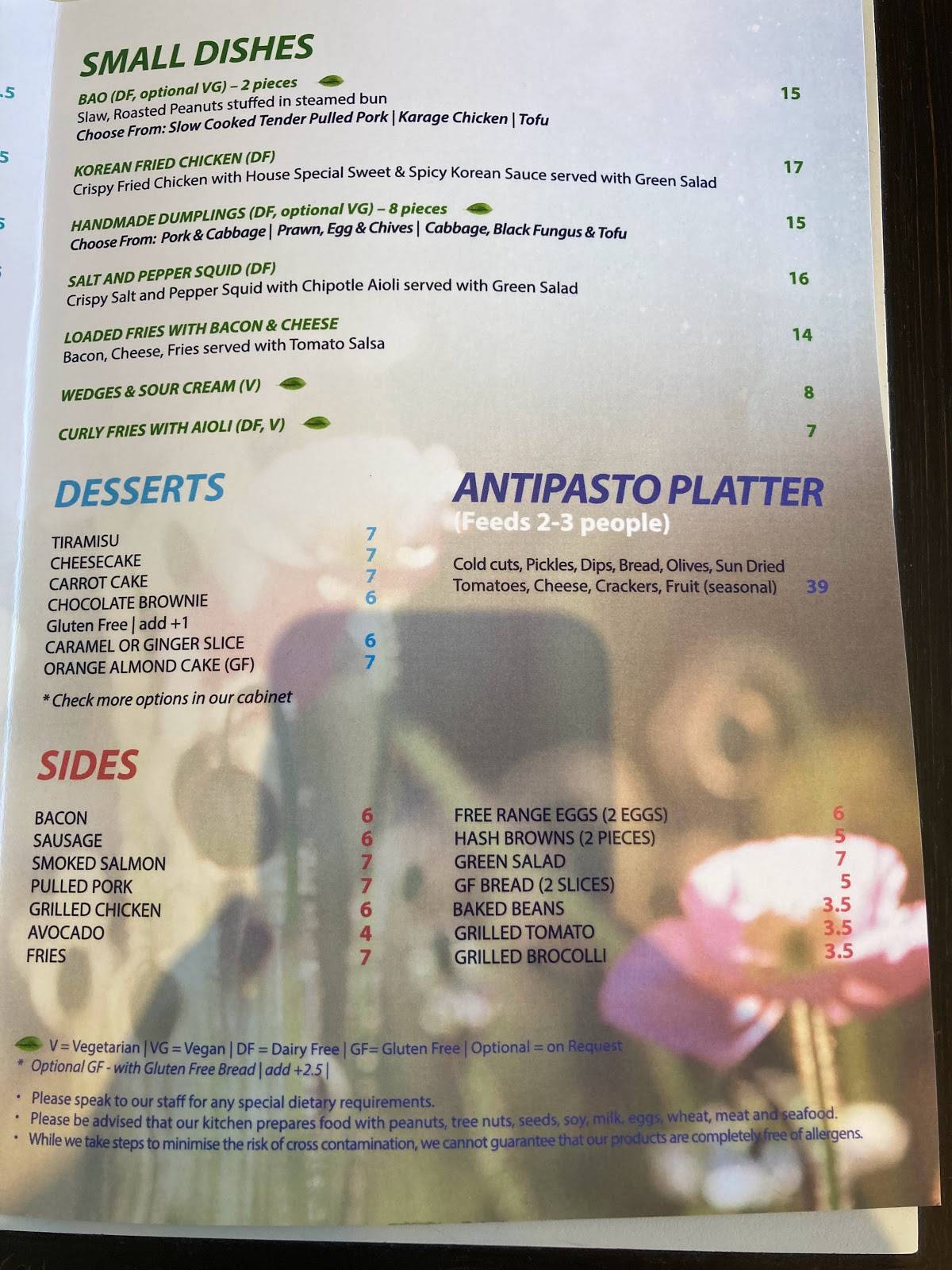Menu at Constellation Cafe, Auckland