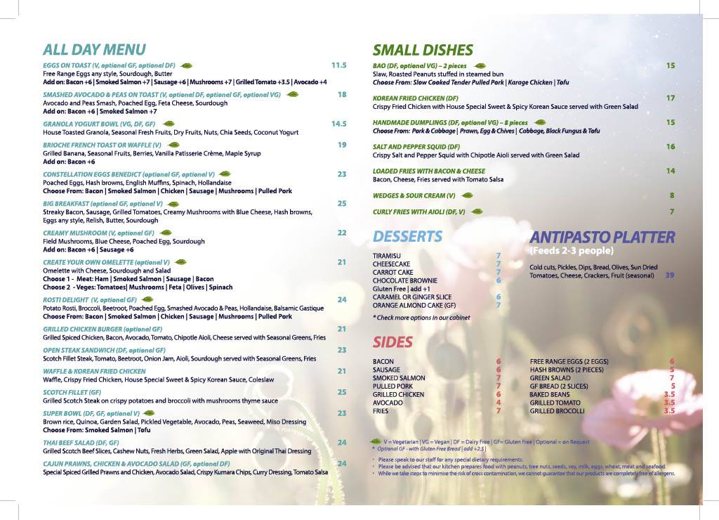 Menu at Constellation Cafe, Auckland