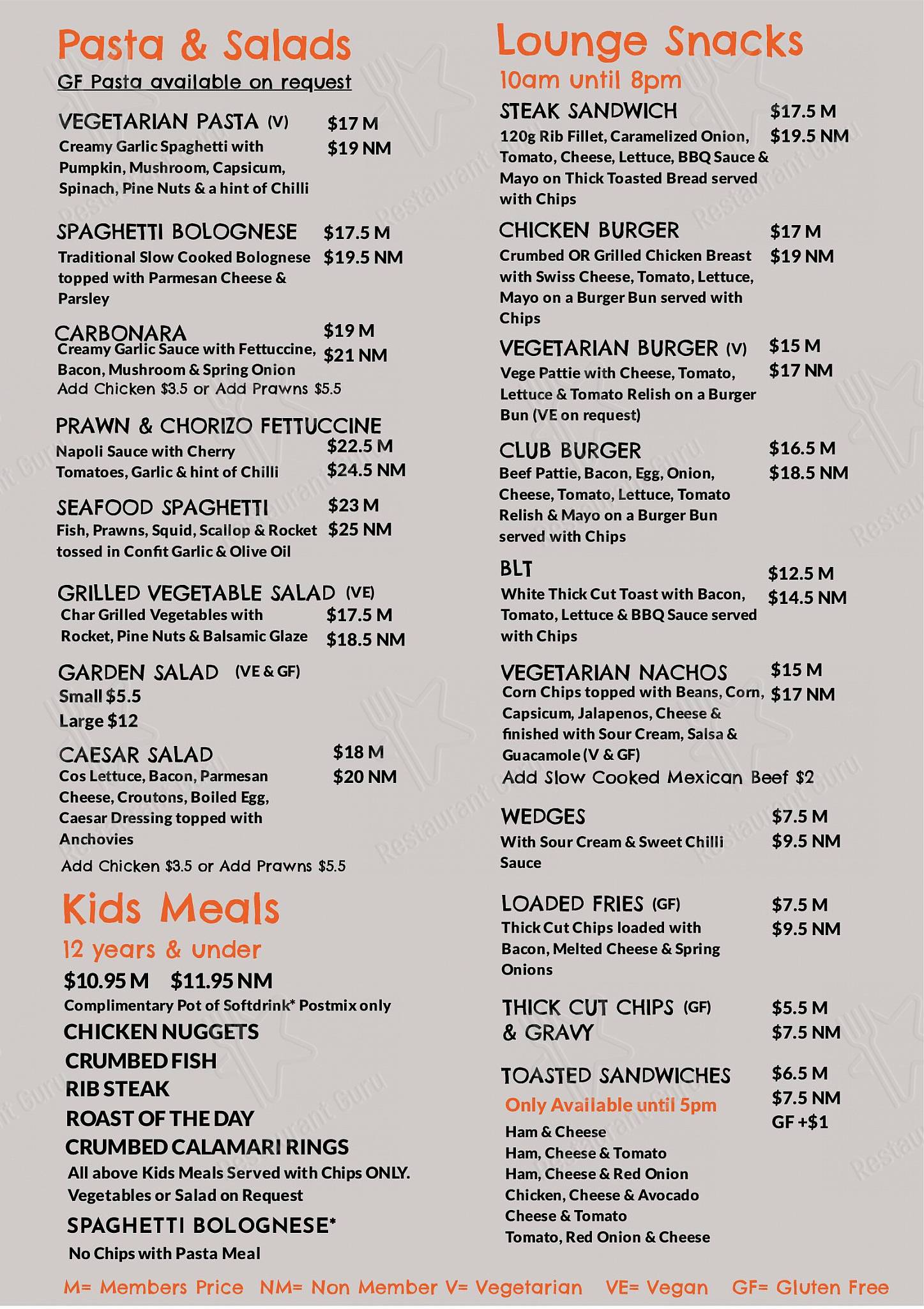 Menu at Cooroy RSL club, Cooroy