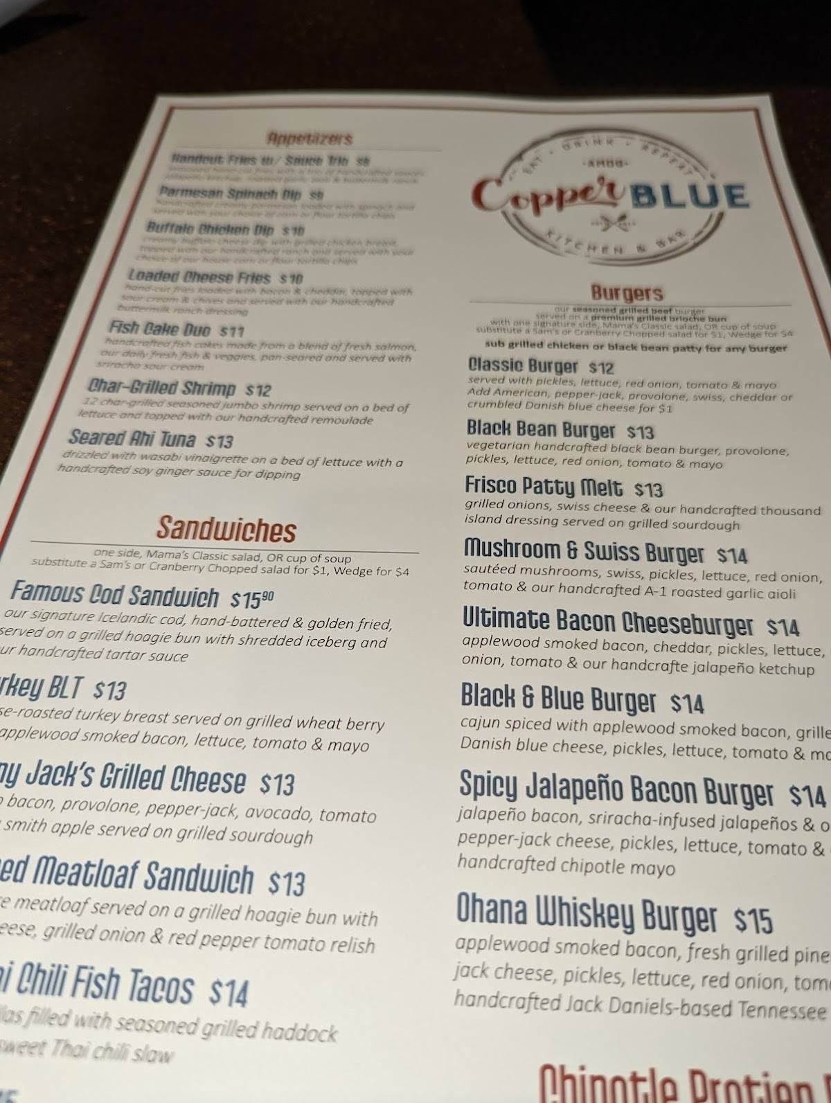 Menu at Copper Blue restaurant, Milford