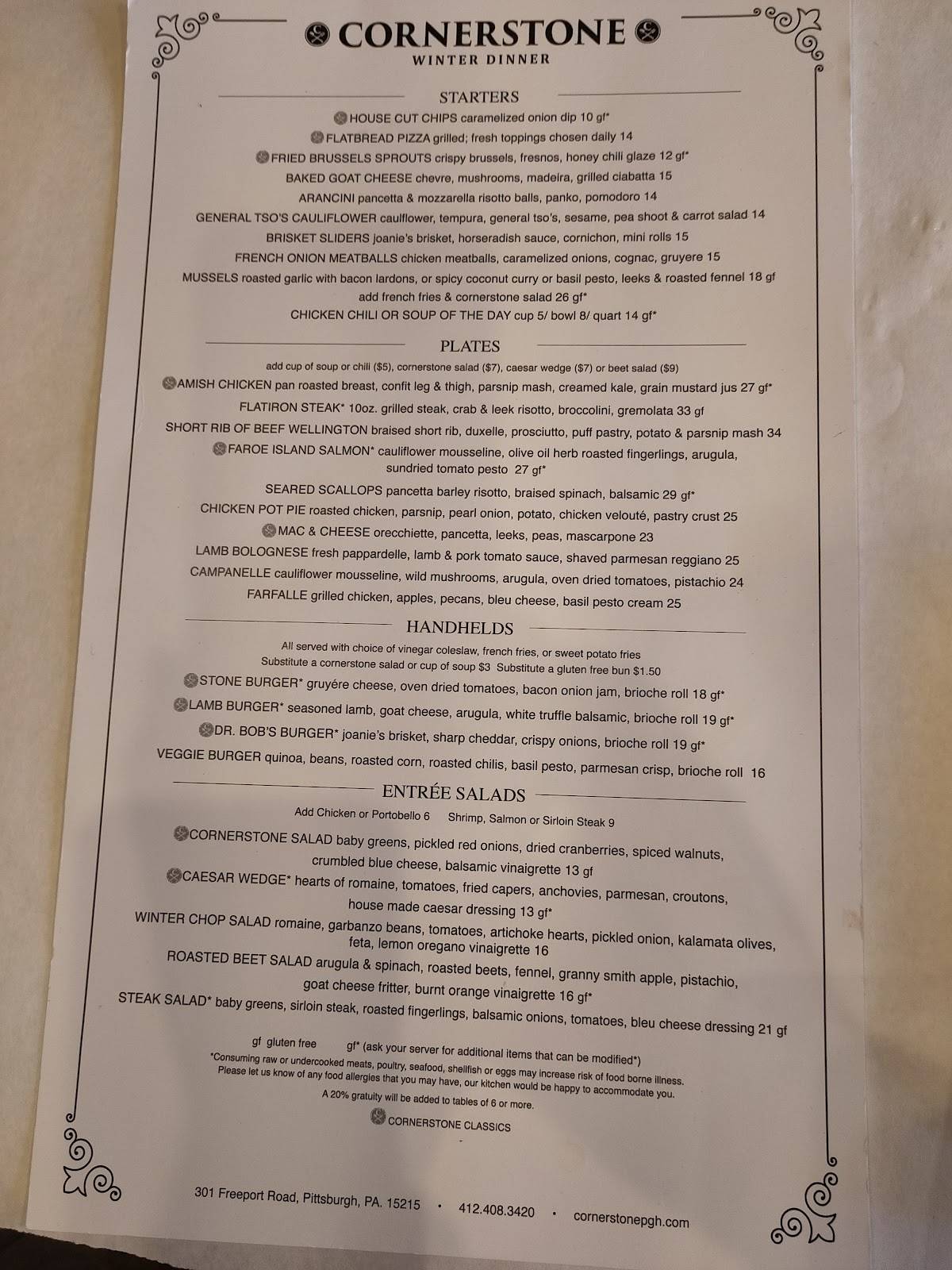 Menu at Cornerstone Restaurant & Bar, Aspinwall