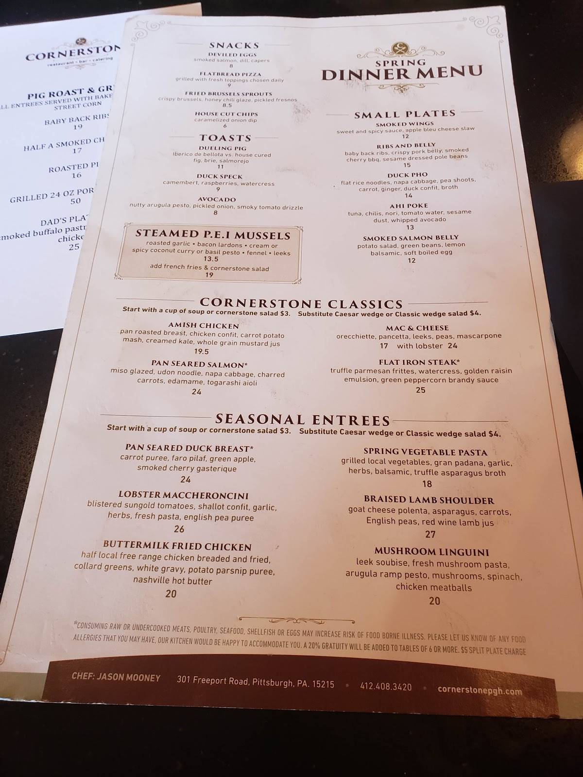 Menu at Cornerstone Restaurant & Bar, Aspinwall