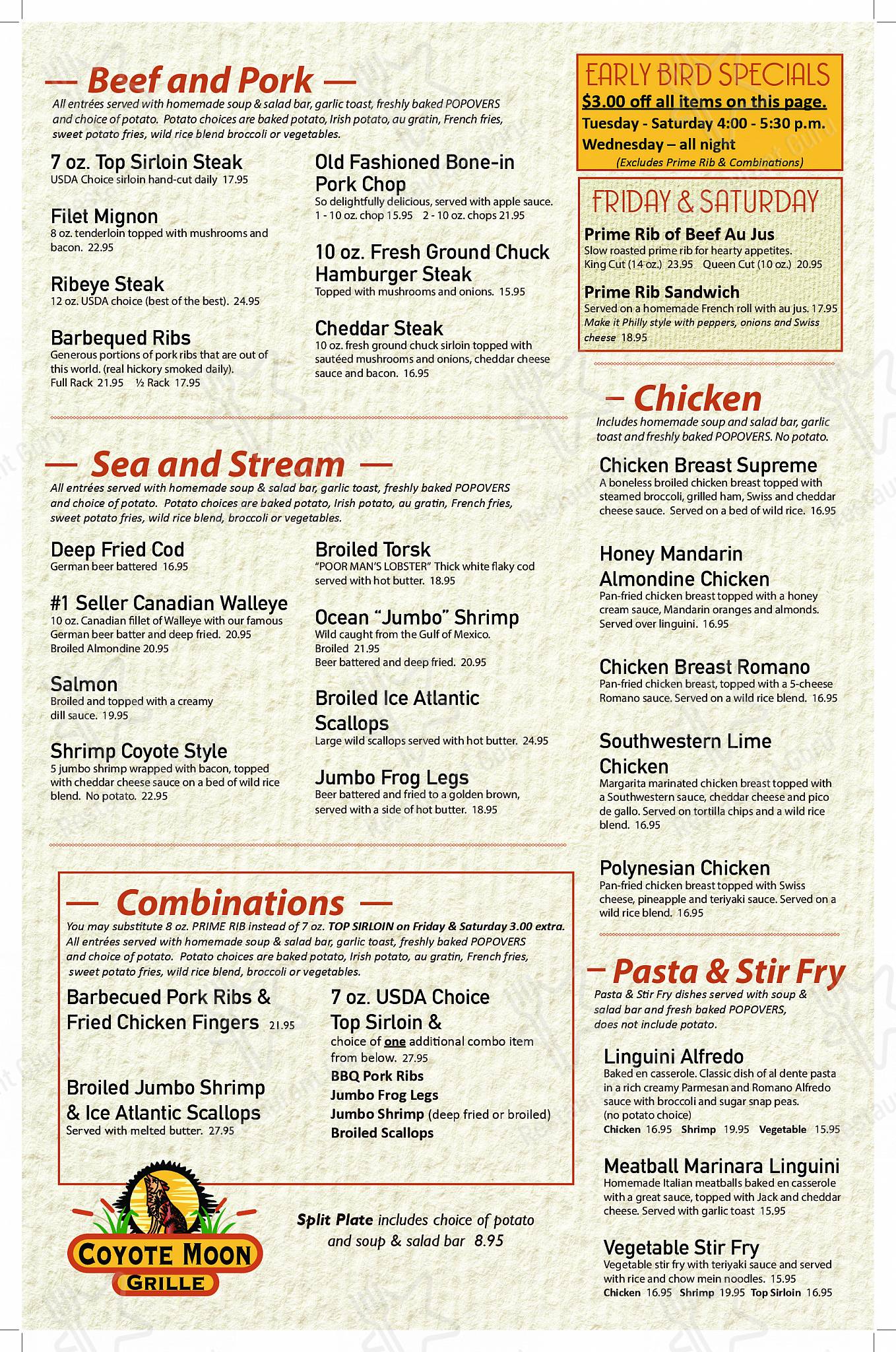 Menu at Coyote Moon Grille restaurant, St. Cloud