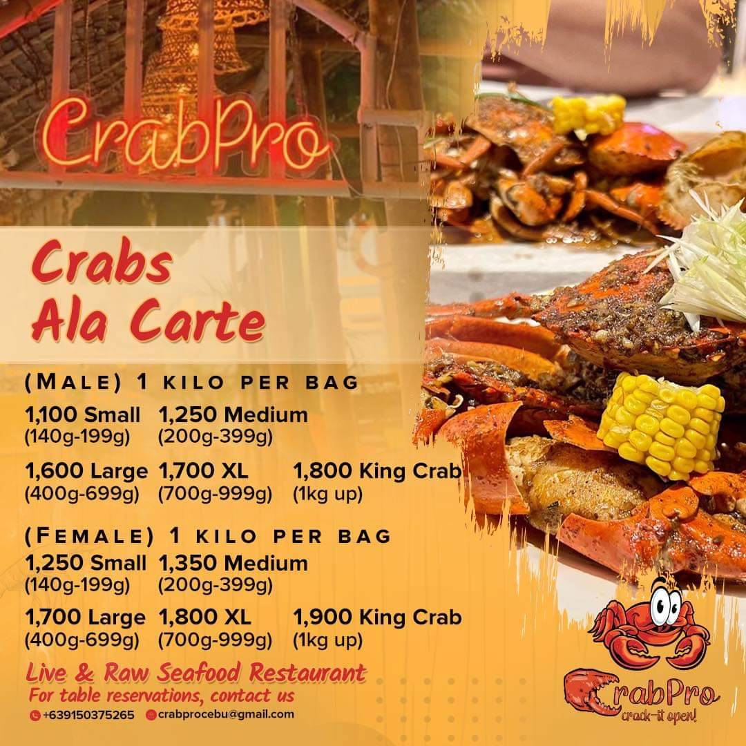 Menu at CrabPro Cebu restaurant, Cebu City