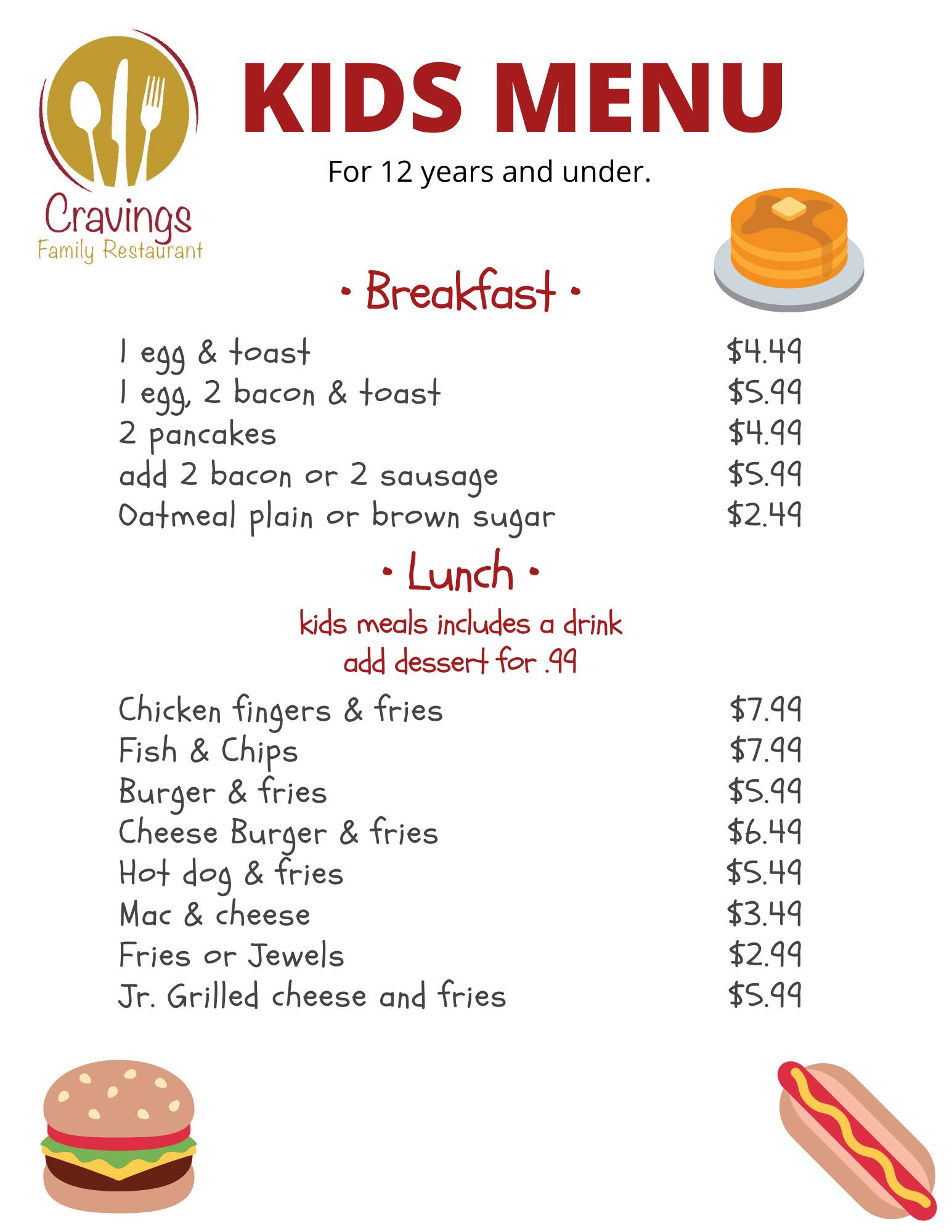 Menu at Cravings Family Restaurant, Hanover