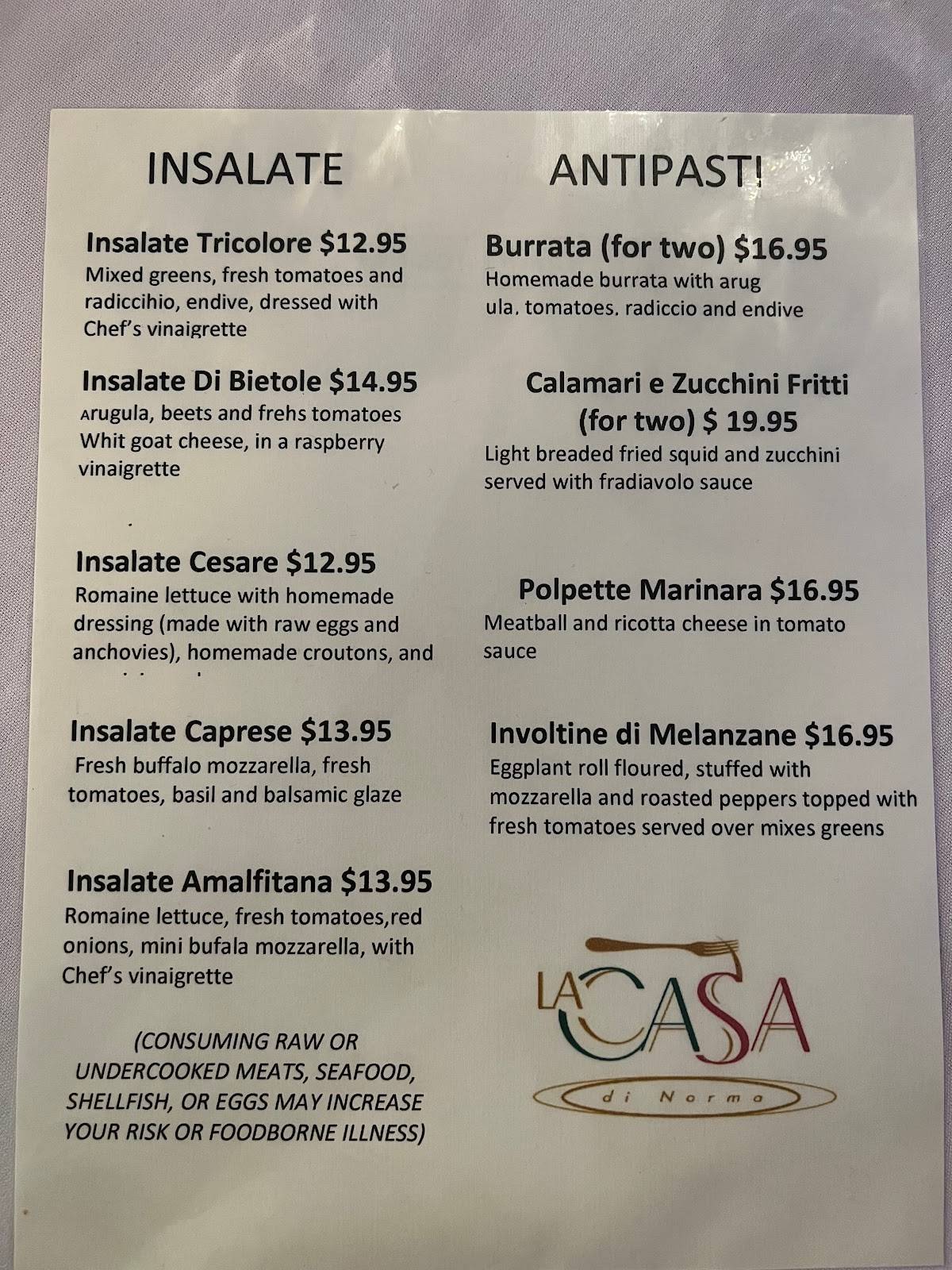 Menu at La Casa Di Norma restaurant, Crystal River