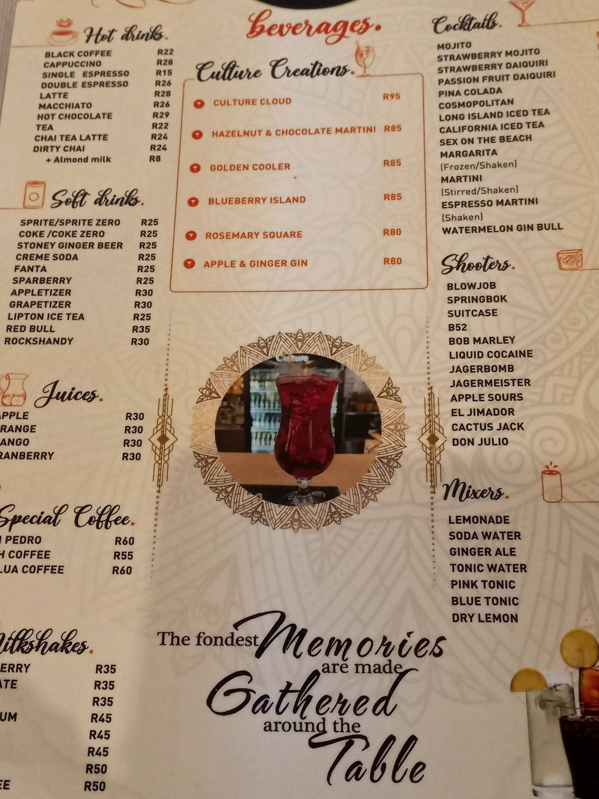 Menu at Culture Restaurant and Lounge, Umhlanga