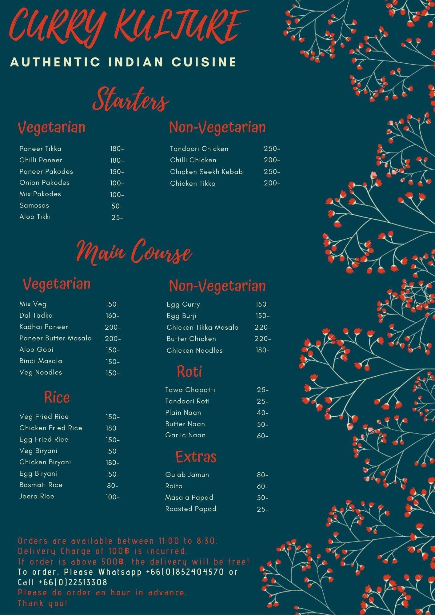 Menu at Curry Kulture @ Pratunam restaurant, Bangkok