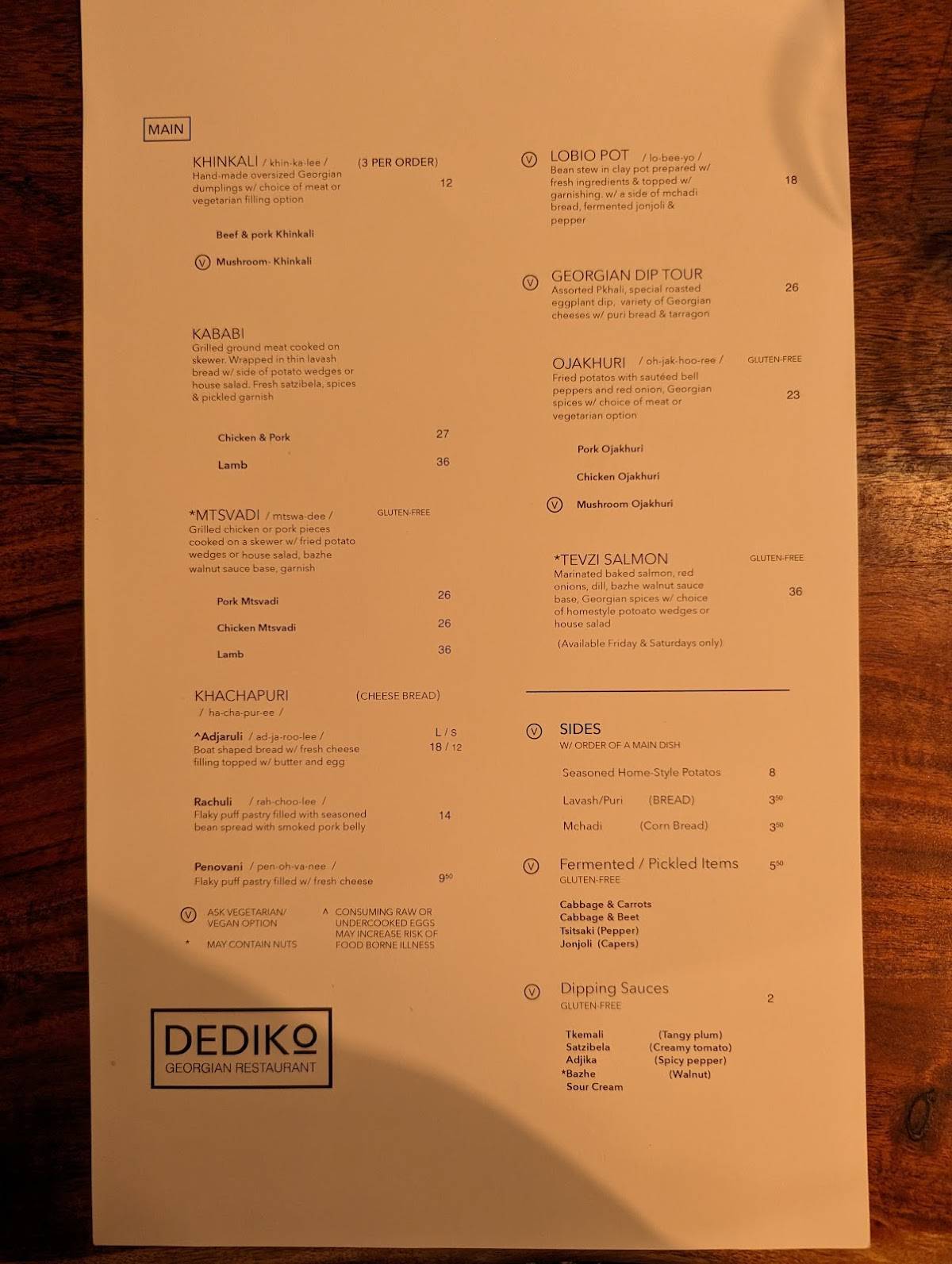 Menu at DEDIKO restaurant, Vancouver