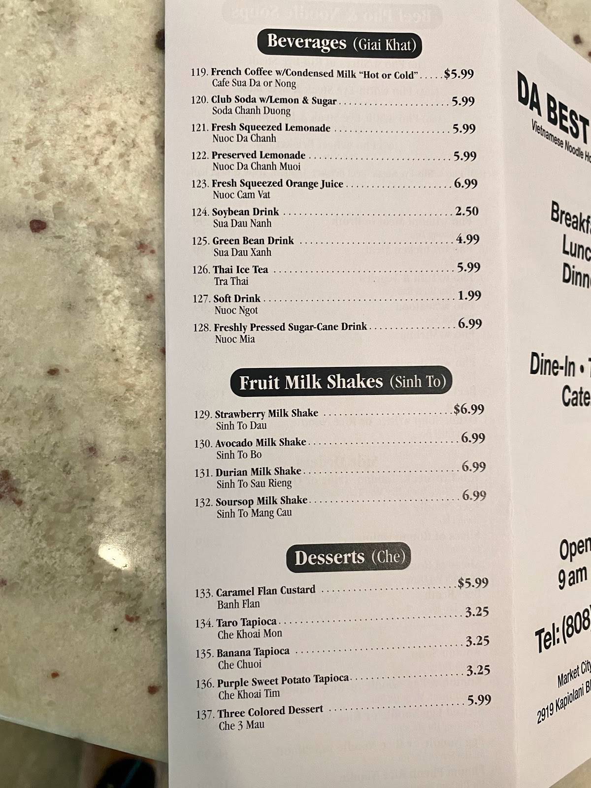 Menu at Da Best Pho Vietnamese Noodle House & BBQ, Honolulu