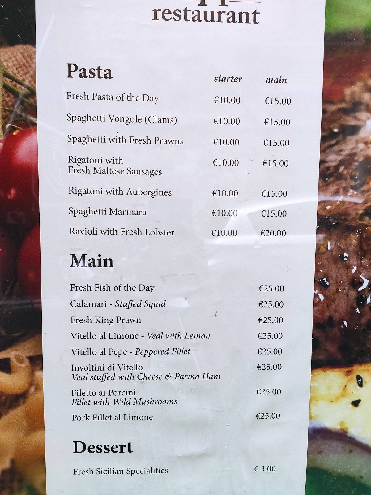 Menu at Trattoria da Pippo restaurant, Valletta