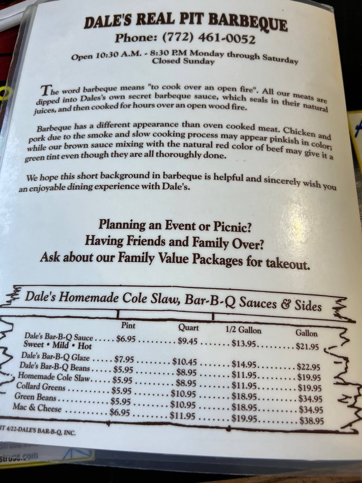 Menu at Dale's BBQ South, Fort Pierce