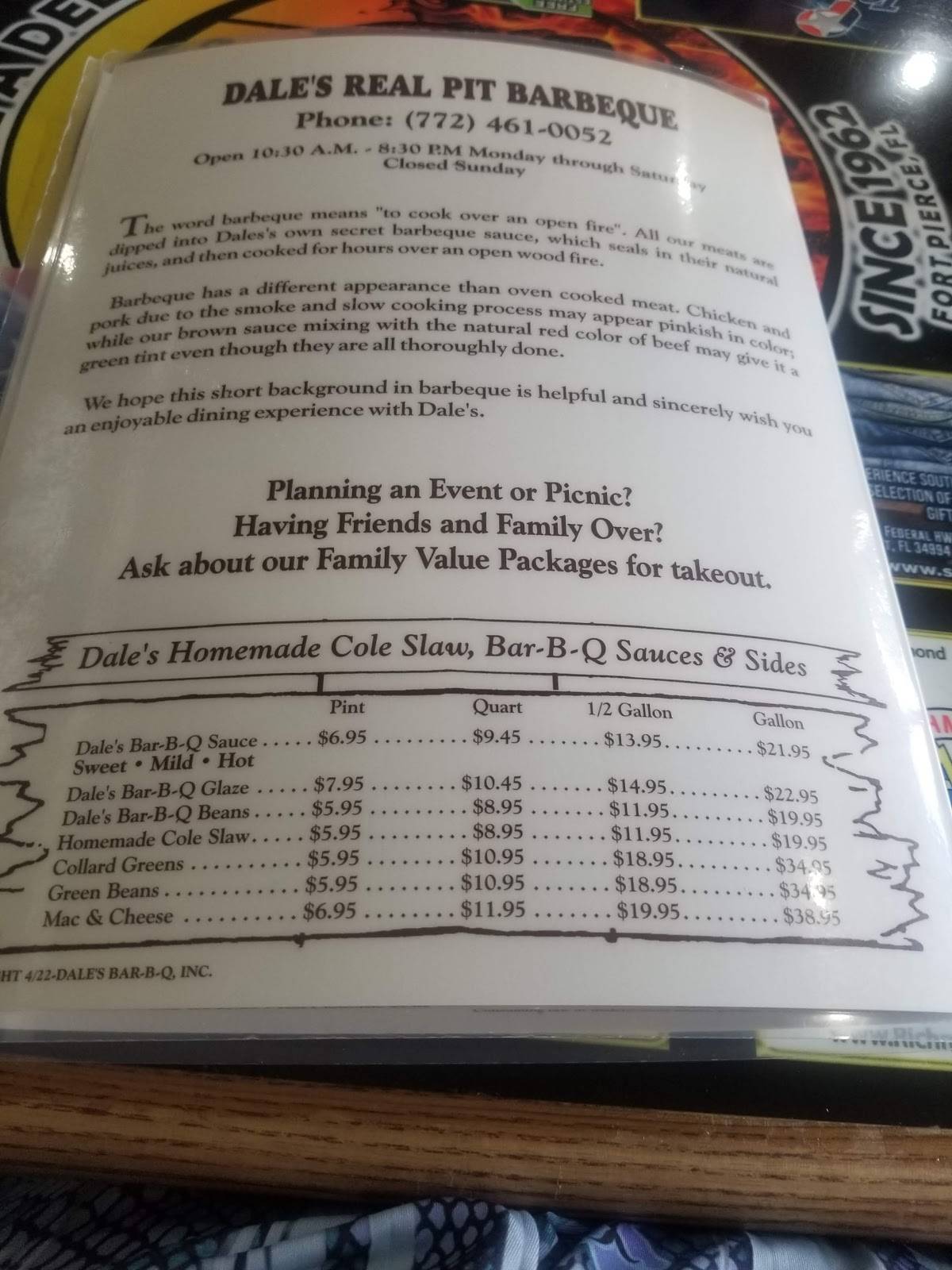 Menu at Dale's BBQ South, Fort Pierce