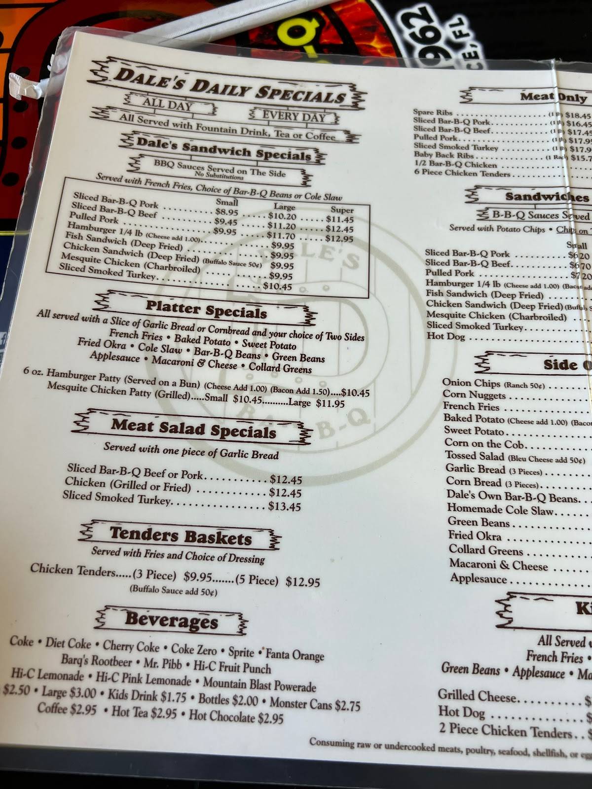 Menu at Dale's BBQ South, Fort Pierce