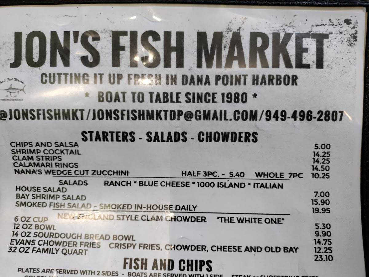 Menu at Jon's Fish Market restaurant, Dana Point