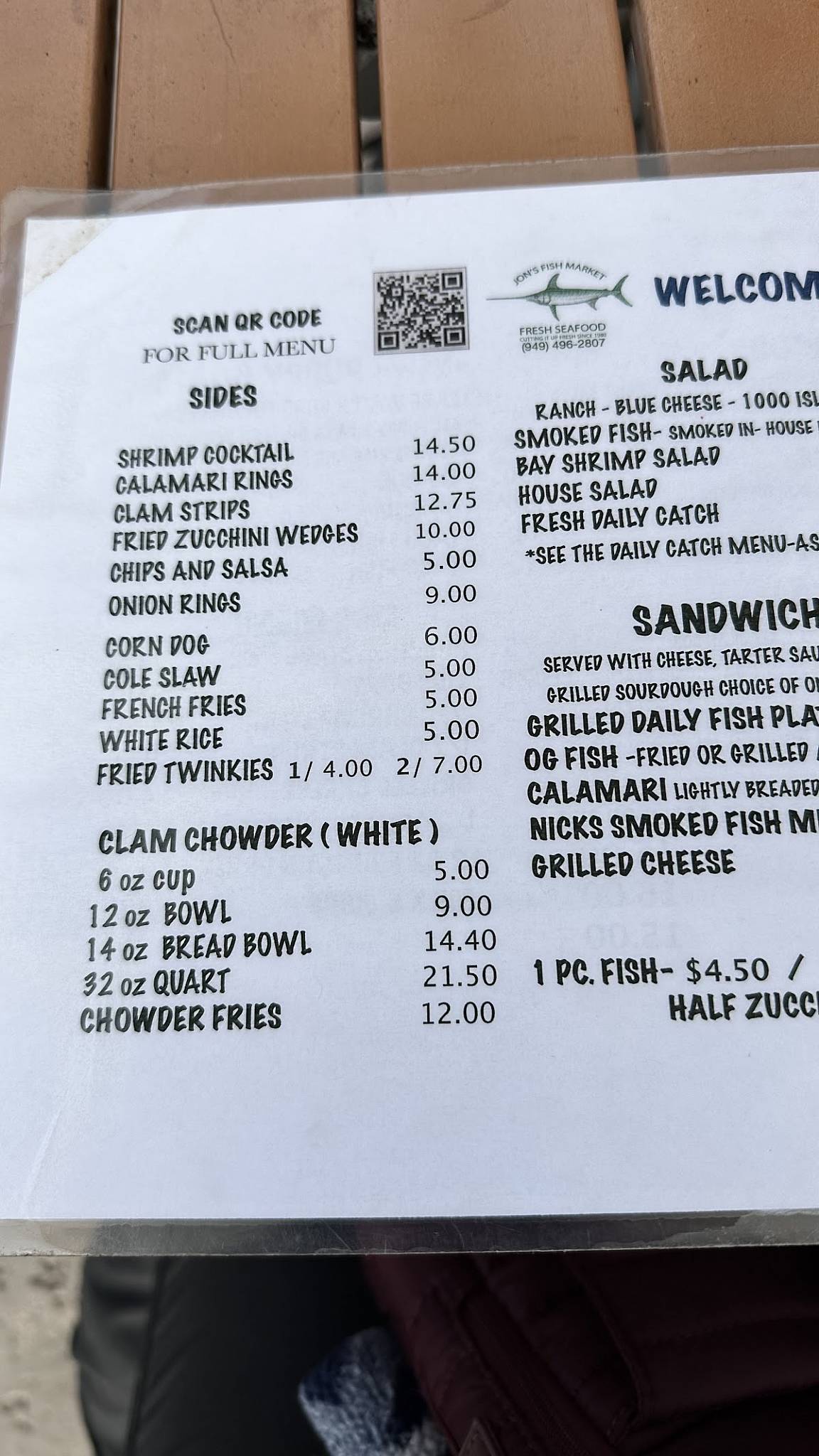 Menu at Jon's Fish Market restaurant, Dana Point