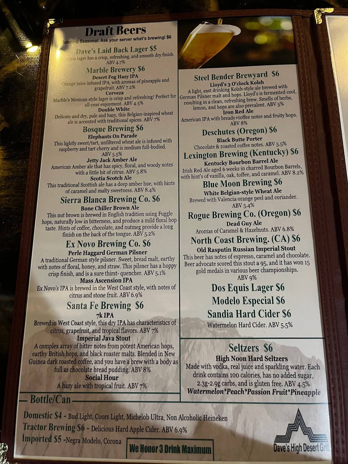 Menu at Dave's High Desert Grill restaurant, Albuquerque