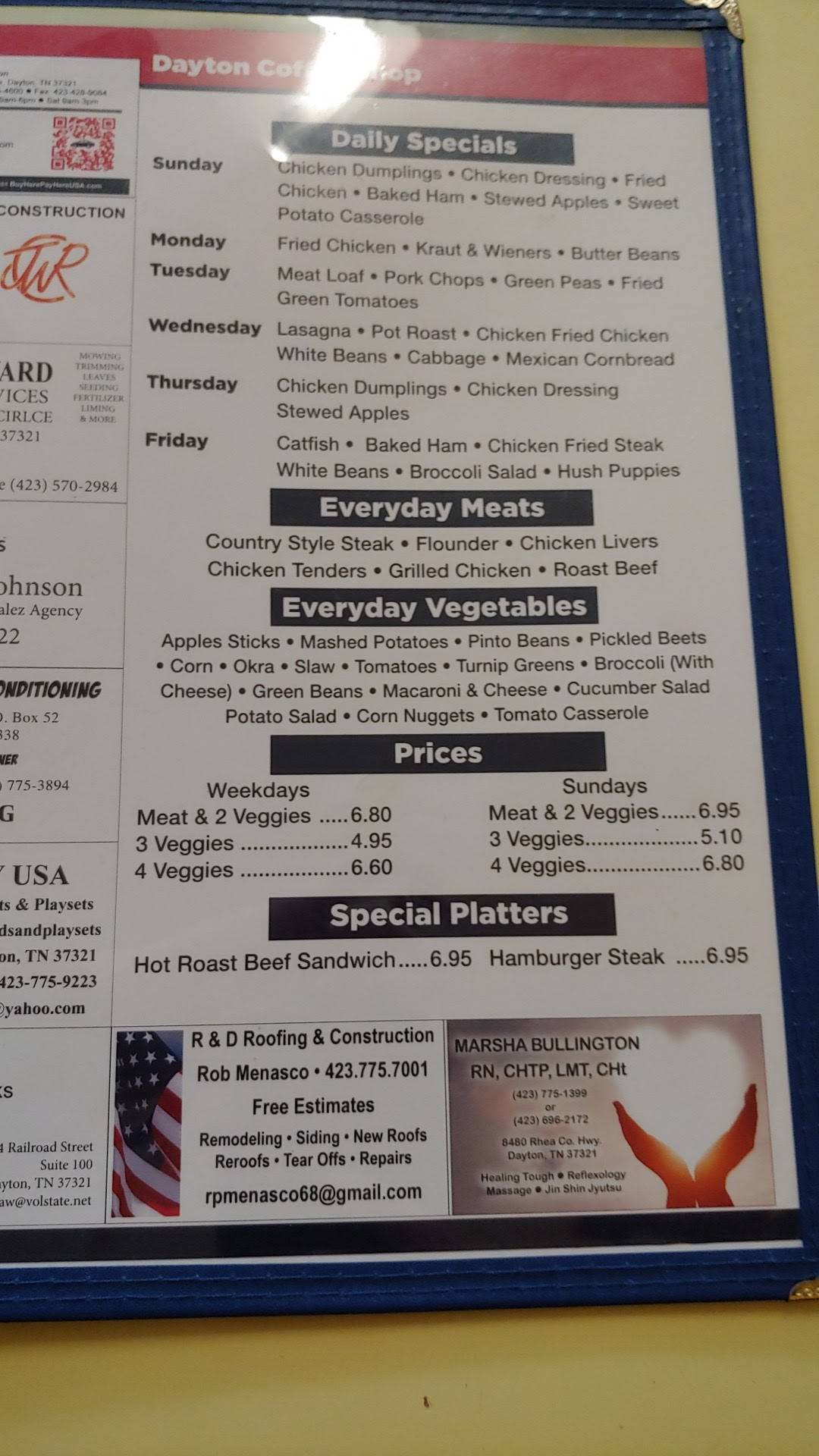 Menu at Dayton Coffee Shop restaurant, Dayton