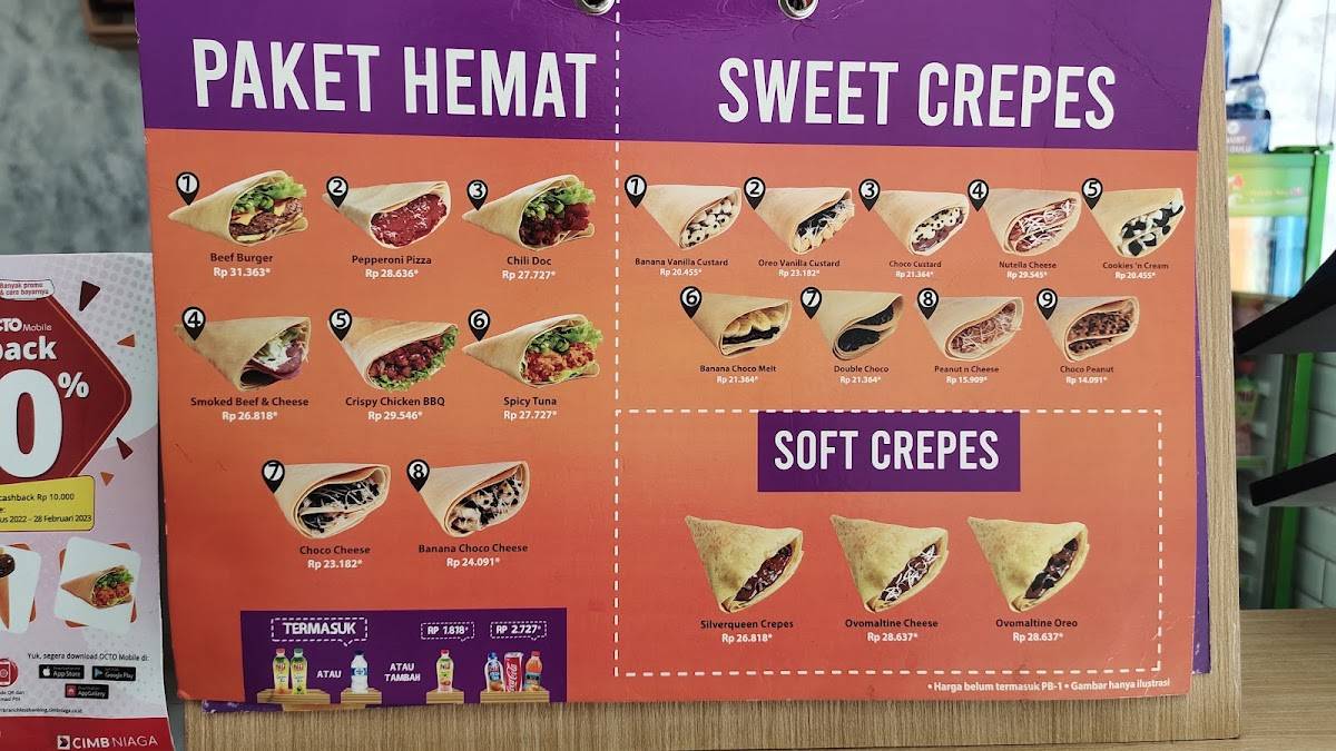 Menu at D'crepes, Pekanbaru