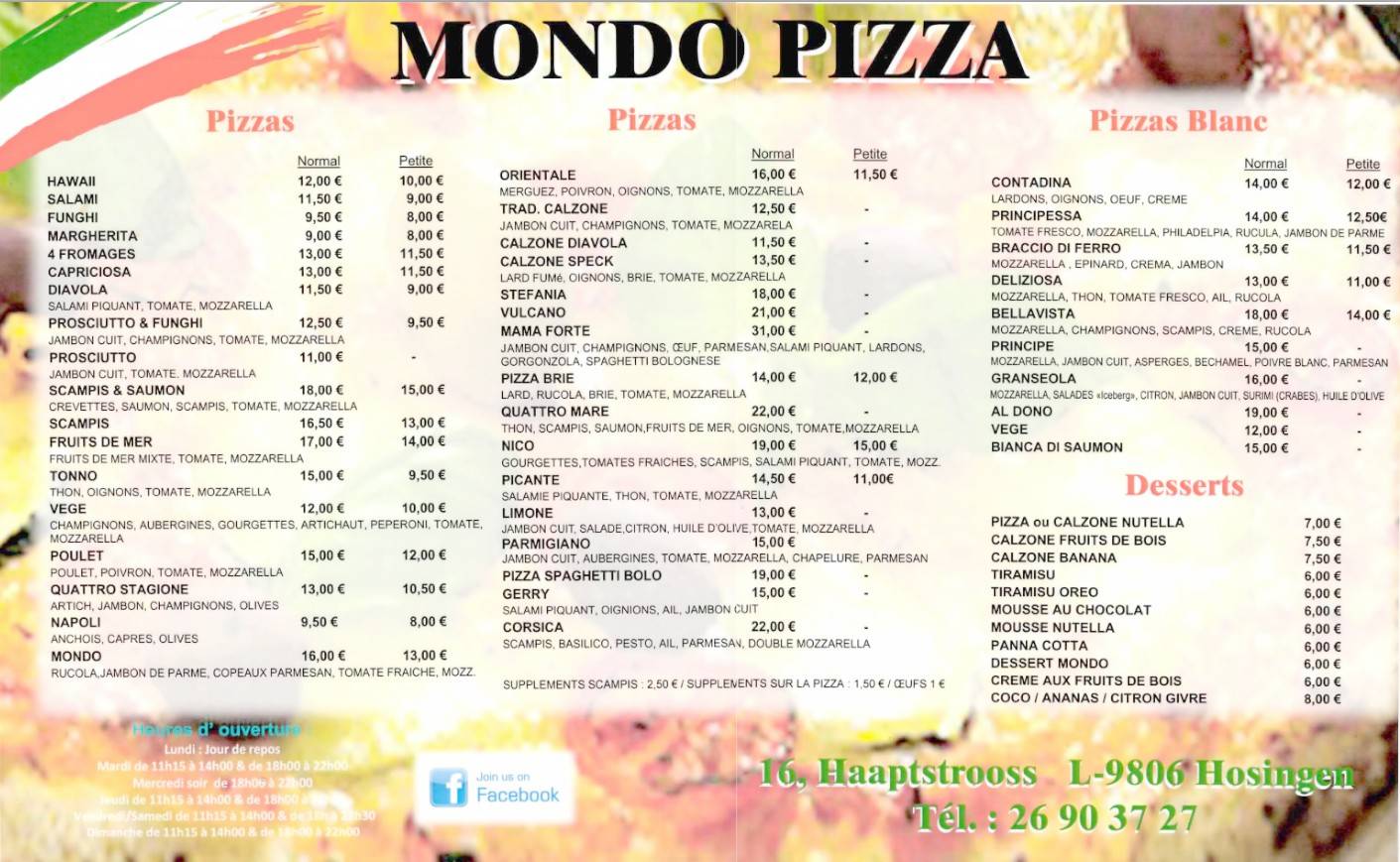 Menu au De Mondo Pizza Sàrl, Parc Hosingen