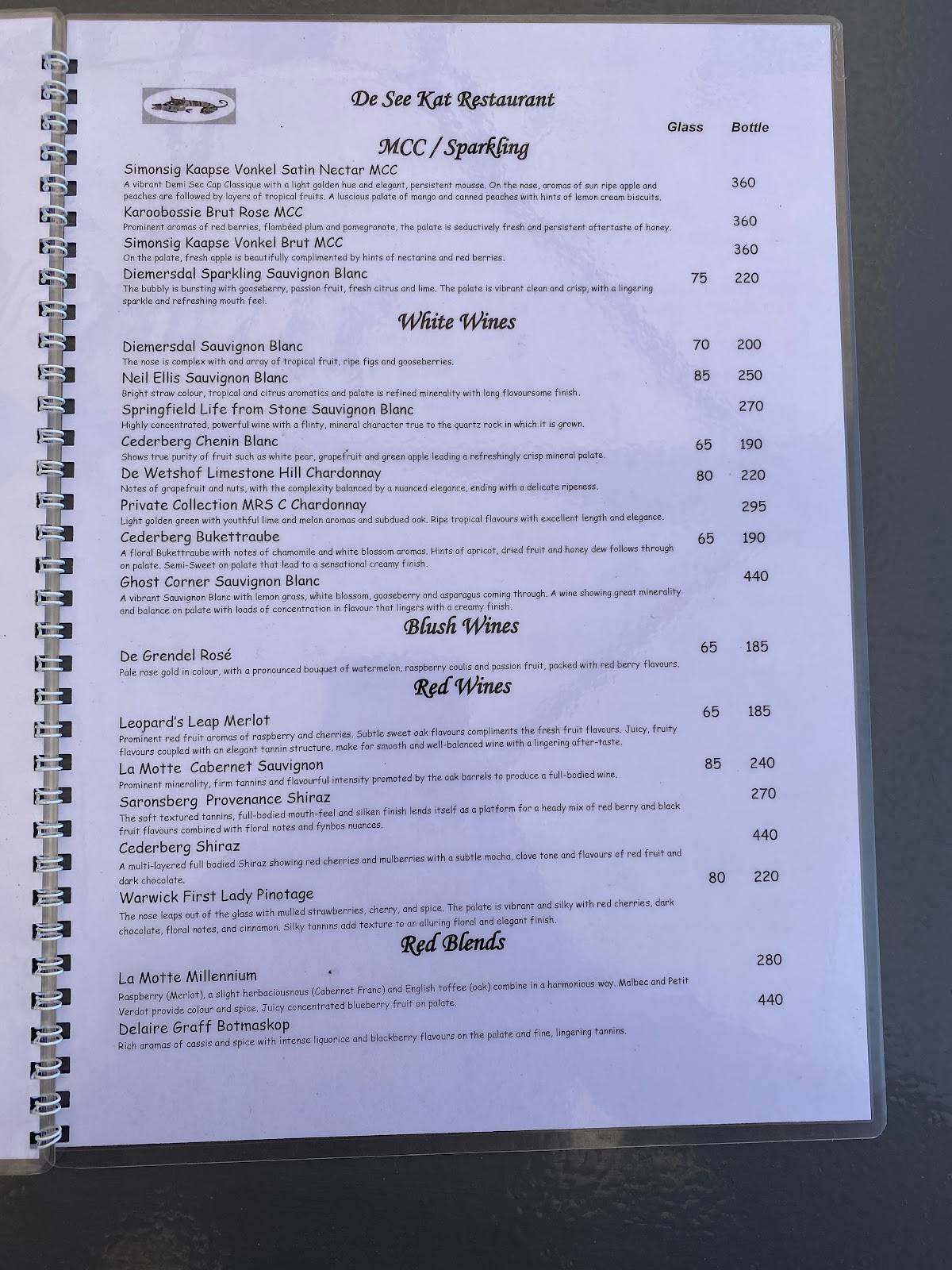 Menu at De See Kat Restaurant, Paternoster