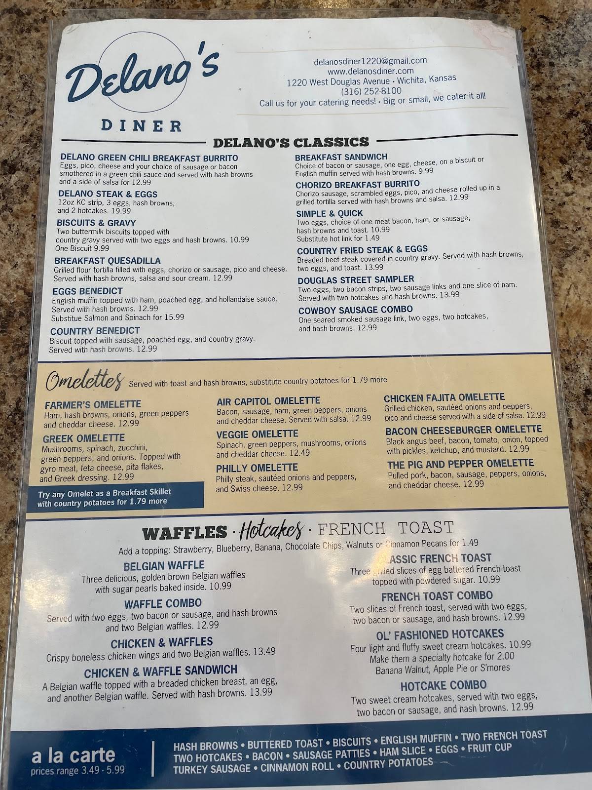 Menu at Delano's Diner restaurant, Wichita