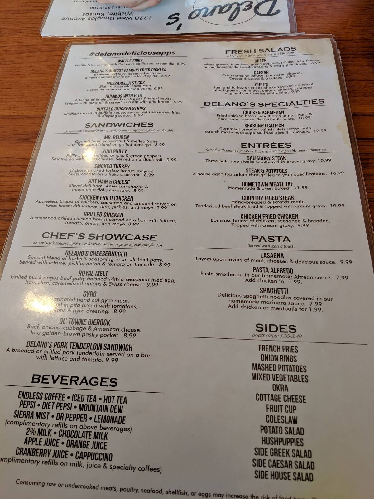 Menu at Delano's Diner restaurant, Wichita