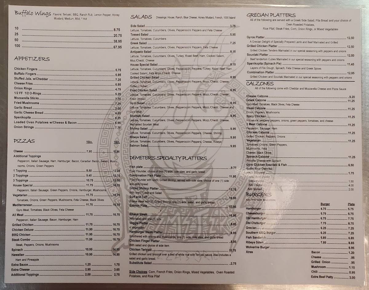 Menu at Demeter's restaurant, Woodruff