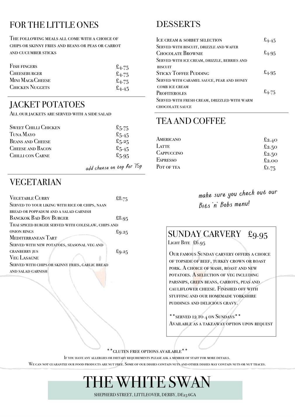 Menu at The White Swan pub & bar, Derby, Shepherd St