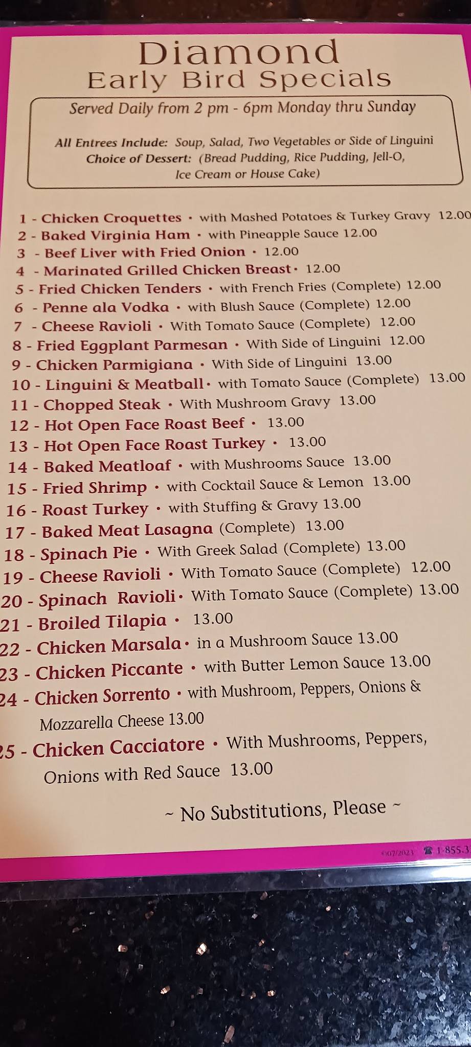 Menu at Diamond Diner restaurant, Hainesport