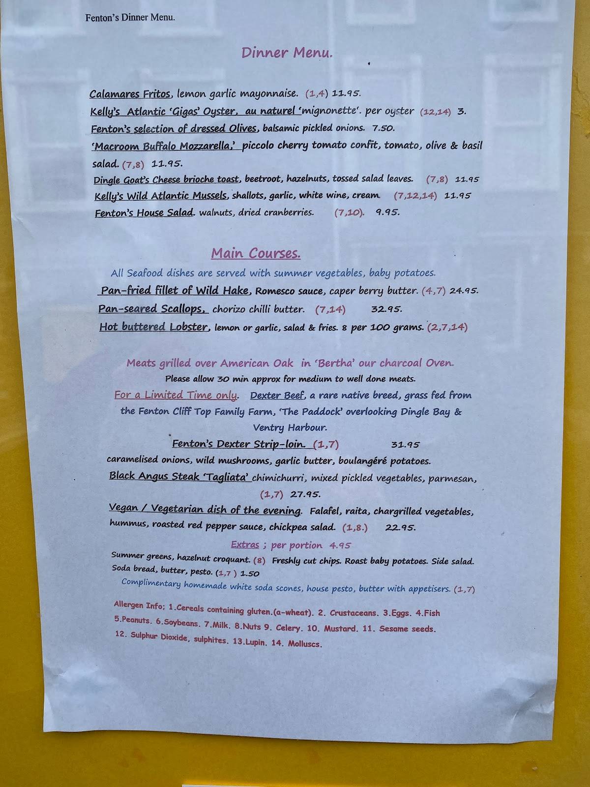 Menu at Fenton's of Dingle restaurant, Dingle