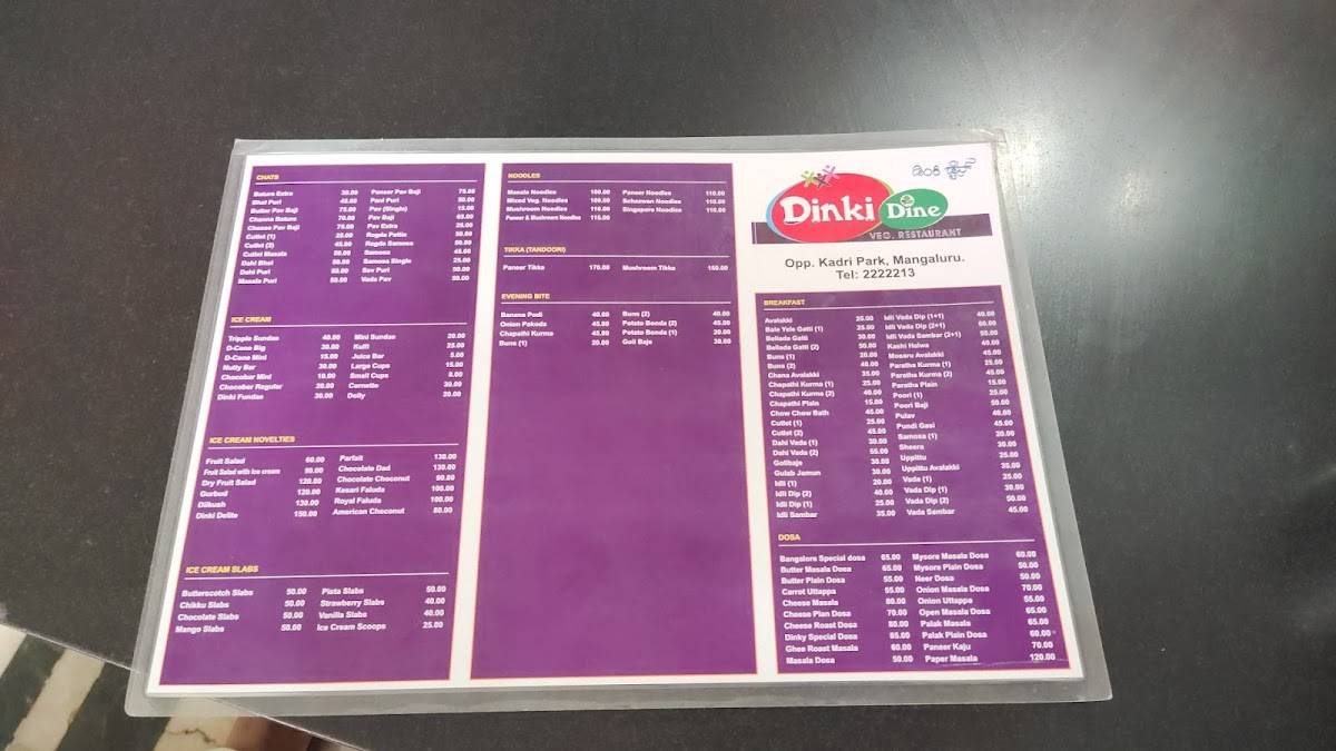 Menu at Dinki Dine Veg Restaurant, Mangaluru, Kadri Park Rd