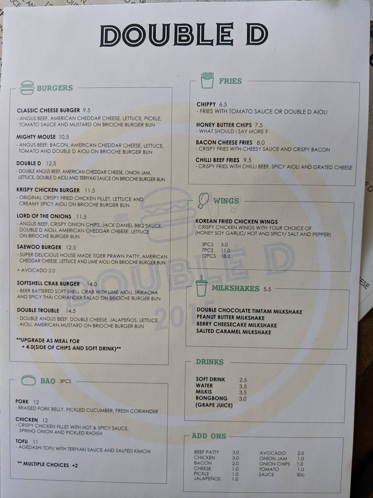 Menu at Double D Burger fast food, Springvale
