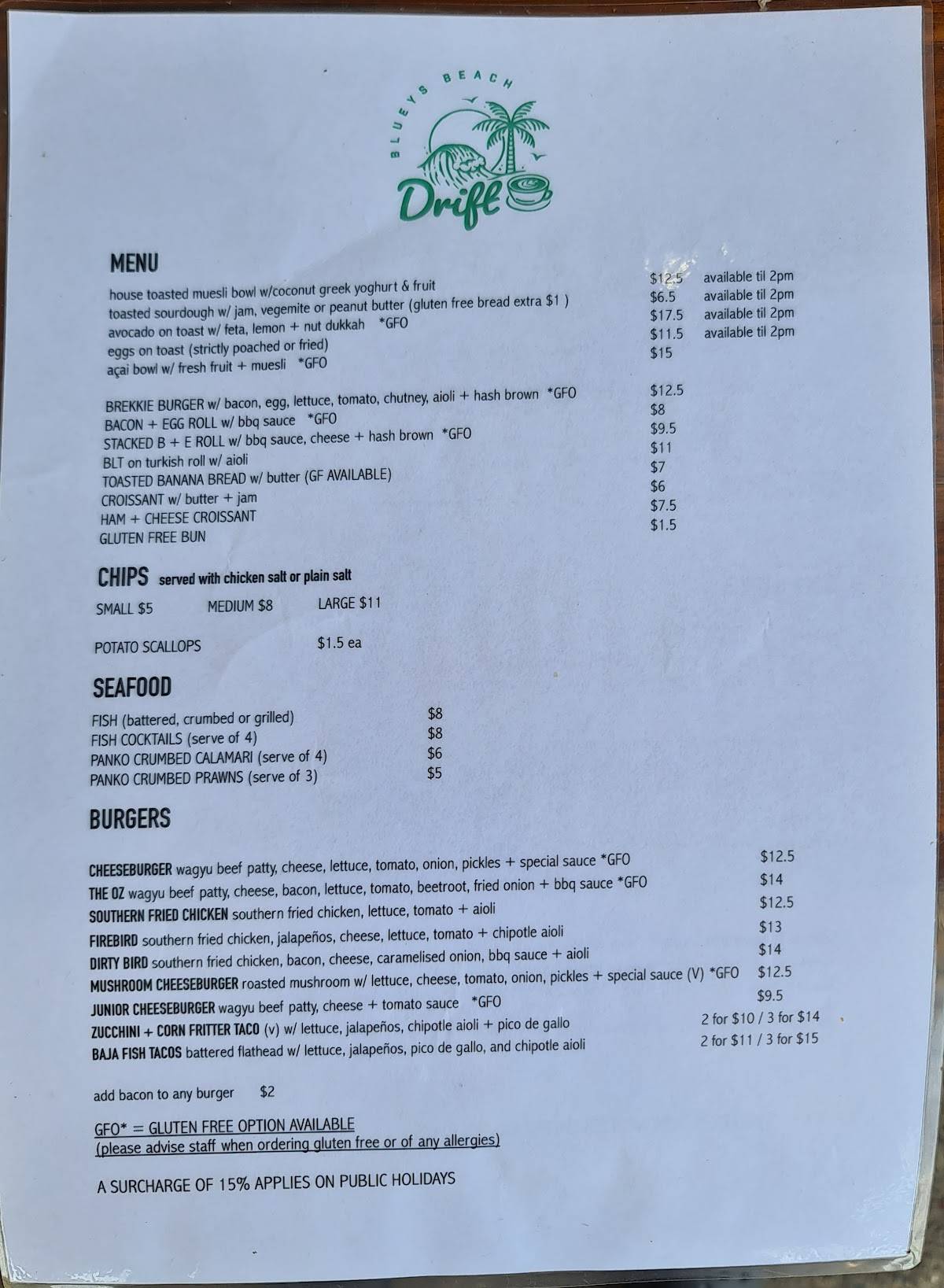 Menu at Drift Cafe, Blueys Beach