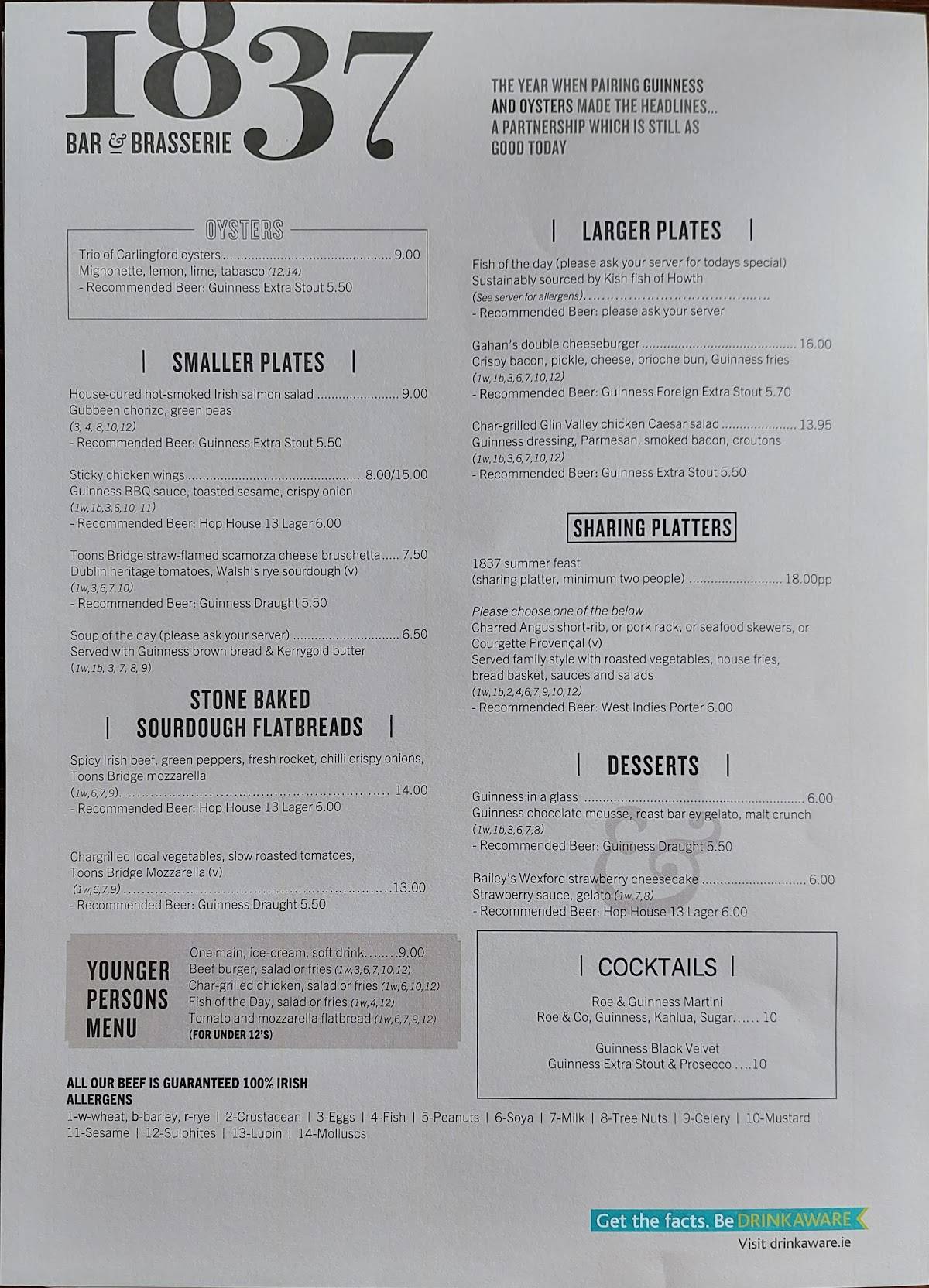 Menu at 1837 Bar & Brasserie at Guinness Storehouse, Dublin