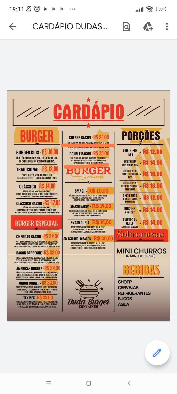 Menu at Duda Burger Hambúrgueria restaurant, Palmeira