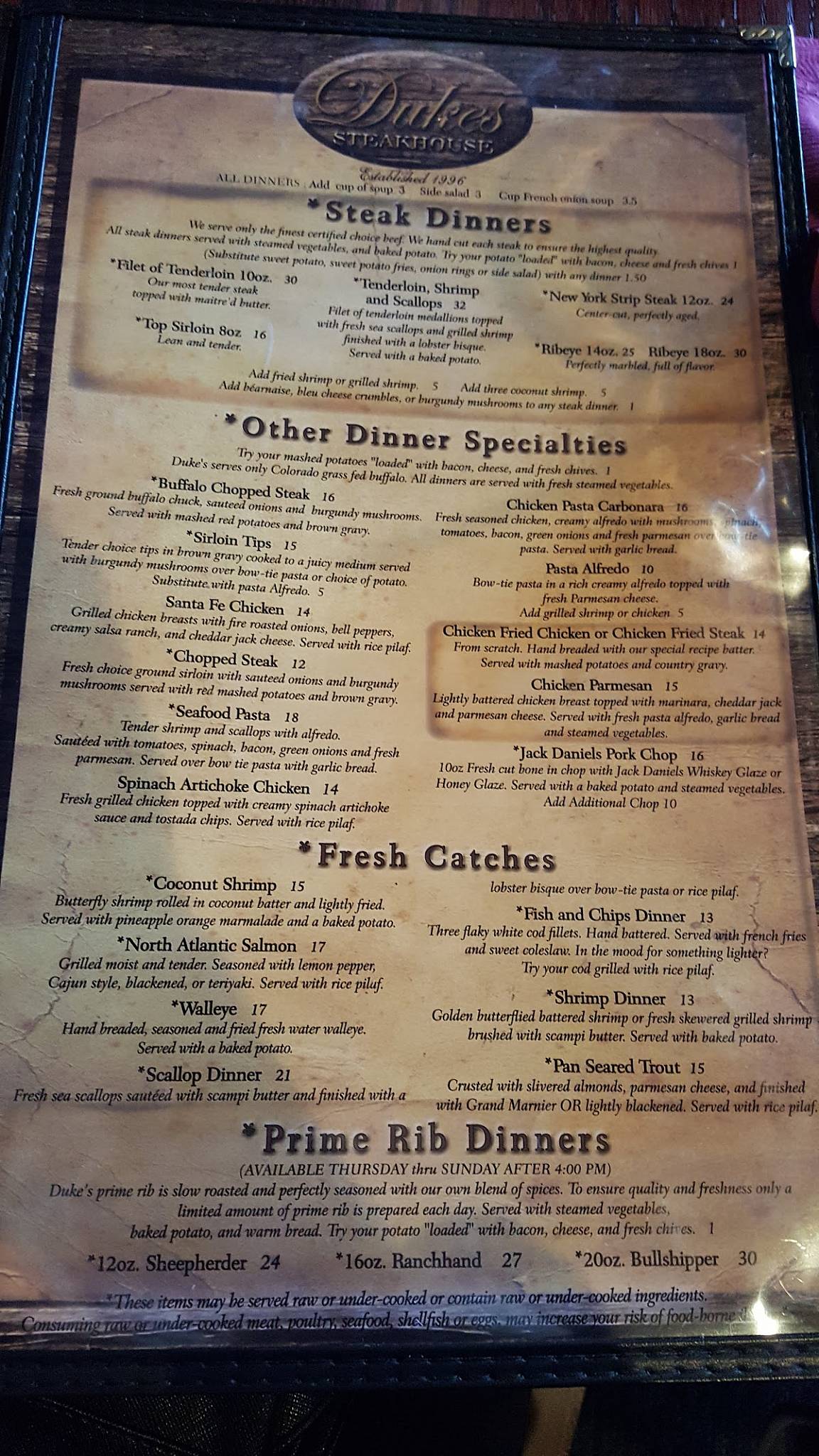 Menu at Duke's Steakhouse, Castle Pines