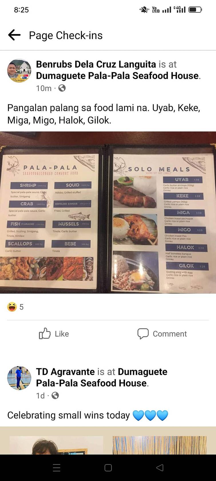 Menu at Dumaguete Pala-Pala Seafood House restaurant, Dumaguete