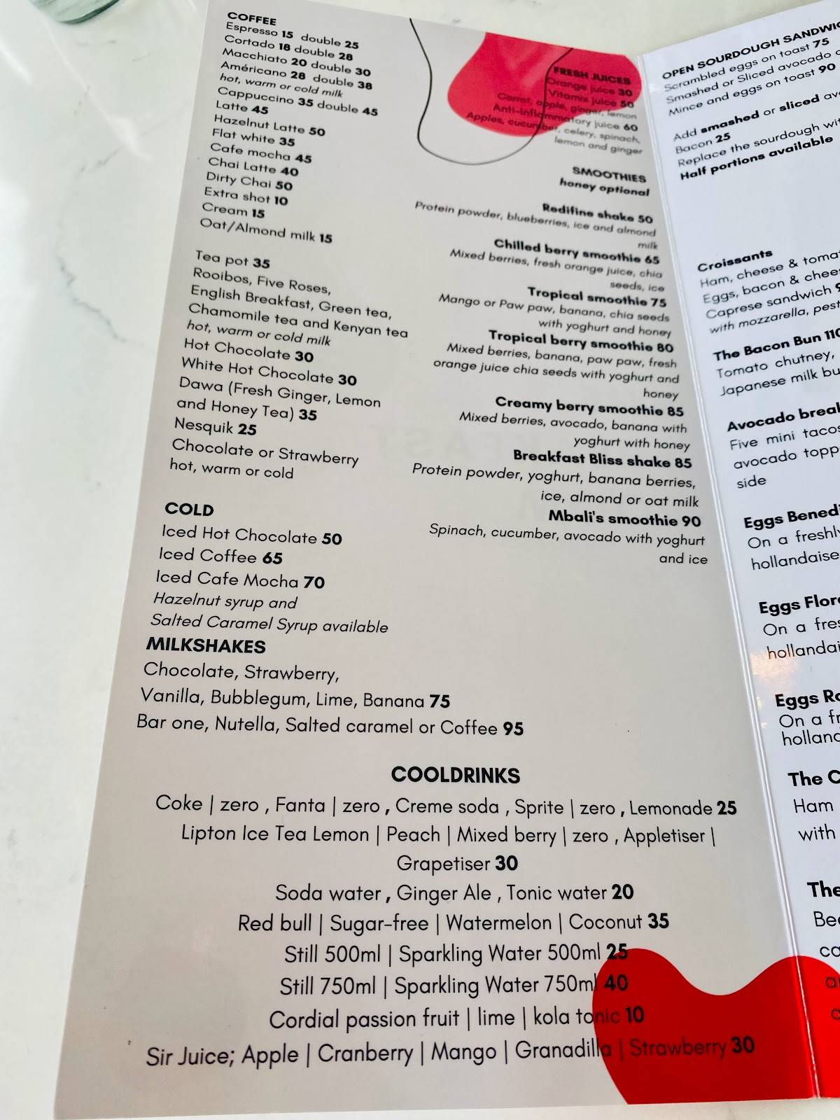 Menu at The Breakfast Room restaurant, Durban