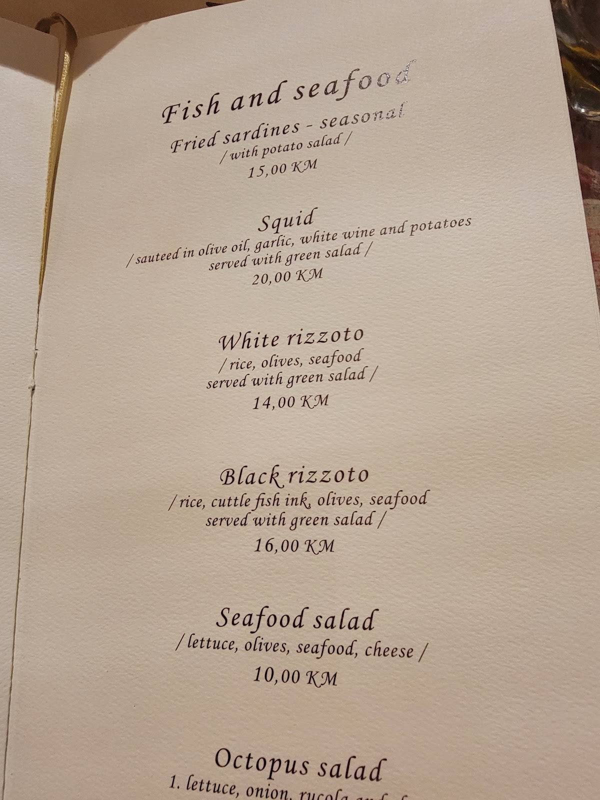 Menu at Dveri restaurant, Sarajevo