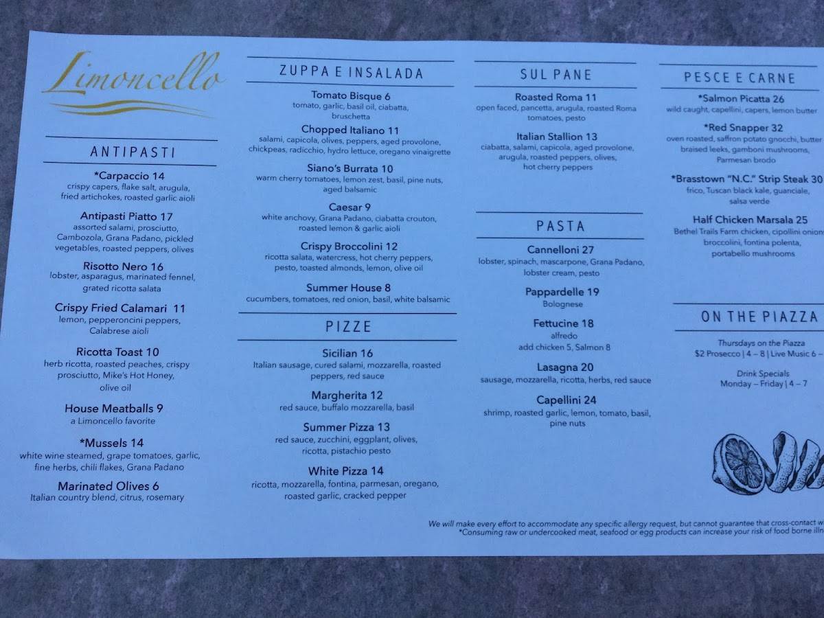 Menu at Lemoncello Italian Restaurant & Bar, East Rochester